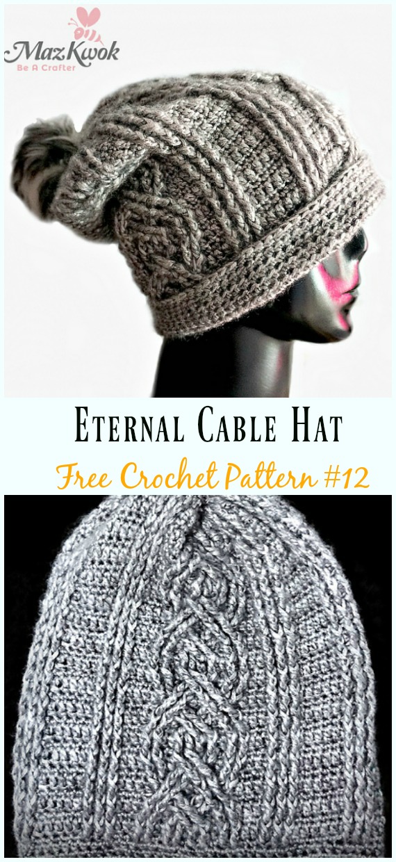 Cabled Beanie Hat Free Crochet Patterns - all sizes